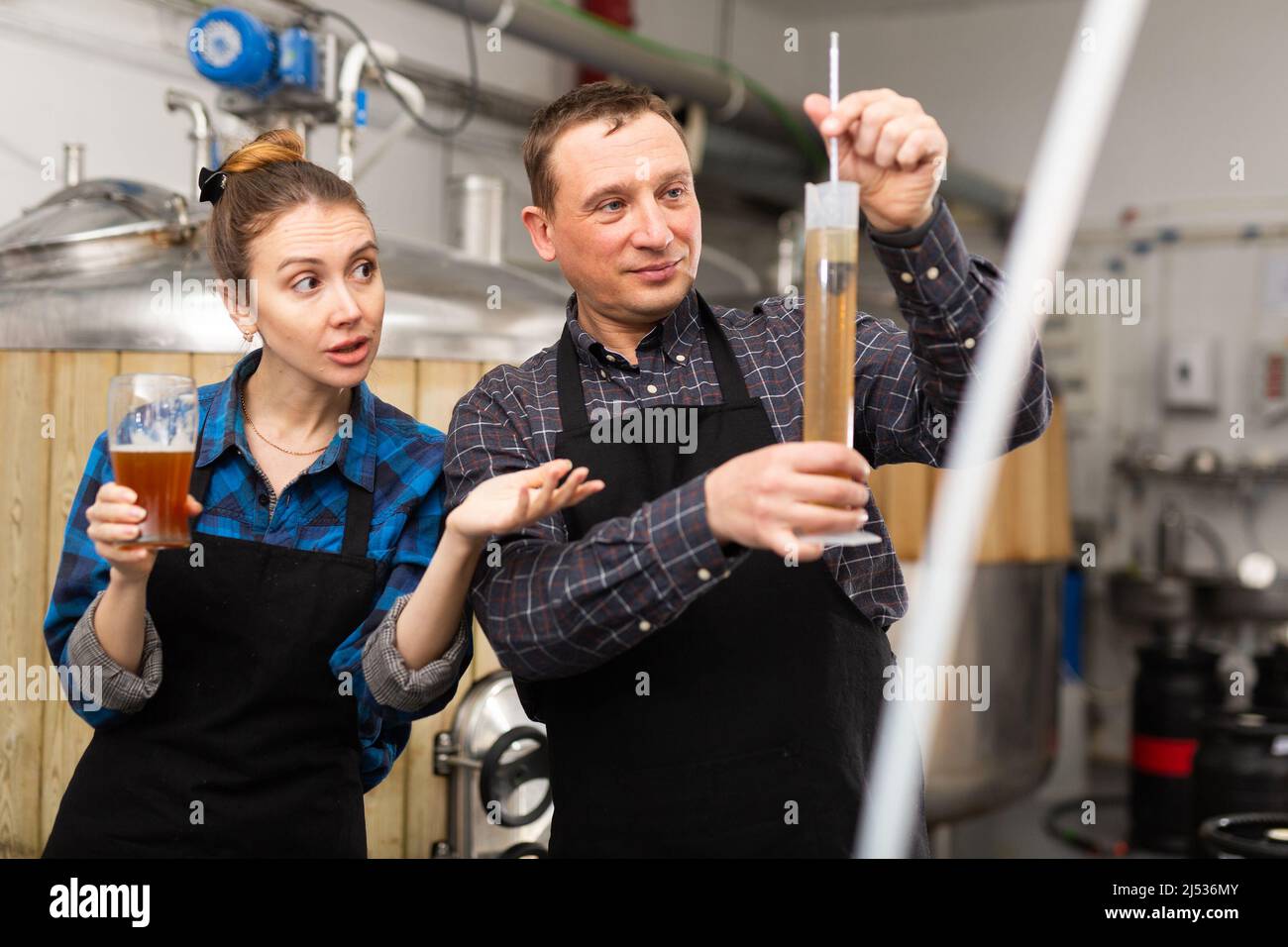 Woman and a man check the amount of alcohol in beer at private brewery ...