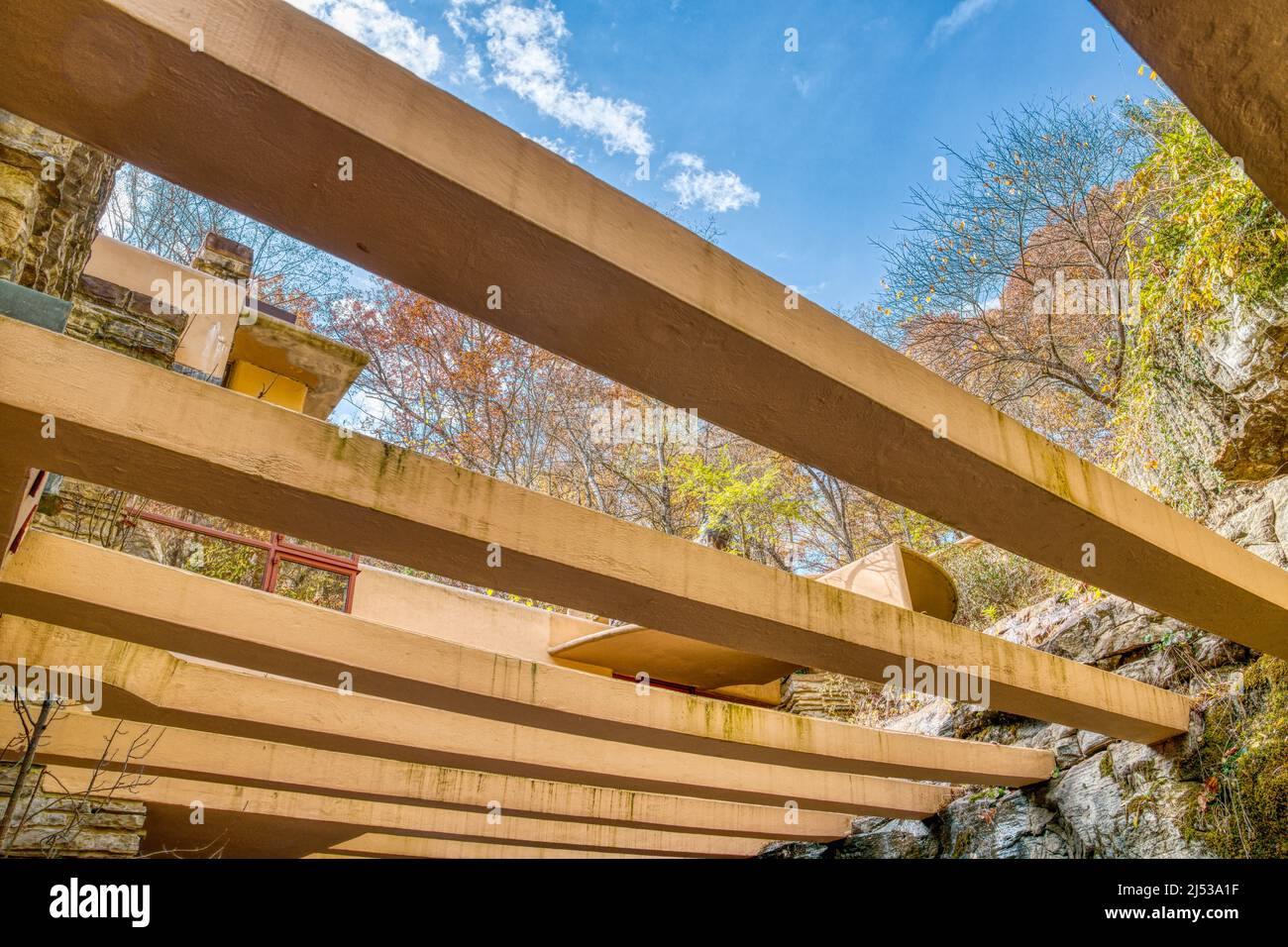 Looking up through the beam structure of Frank Lloyd Wright’s Falling ...