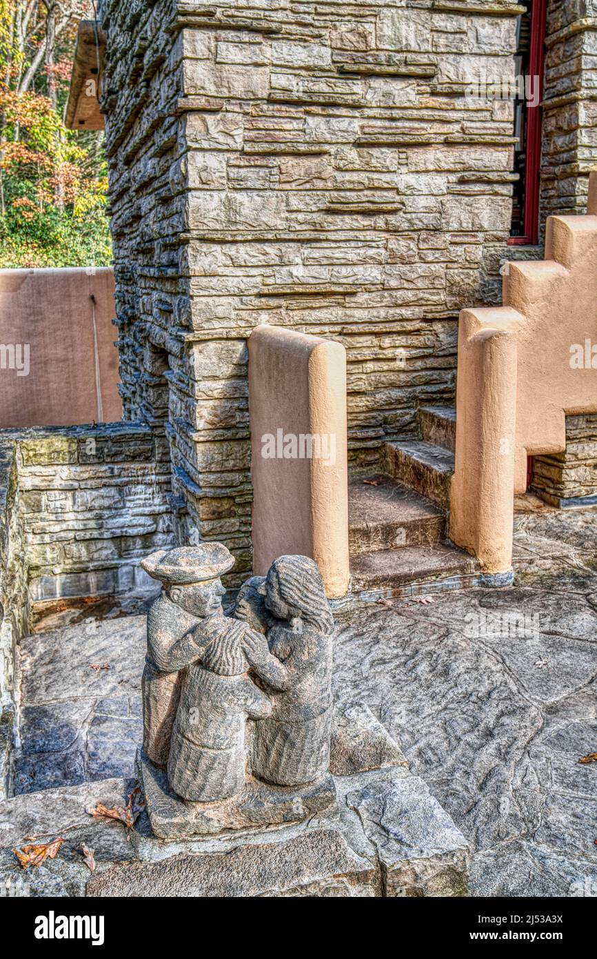 An upper terrace with a Latin American folk art statue at Frank Lloyd ...