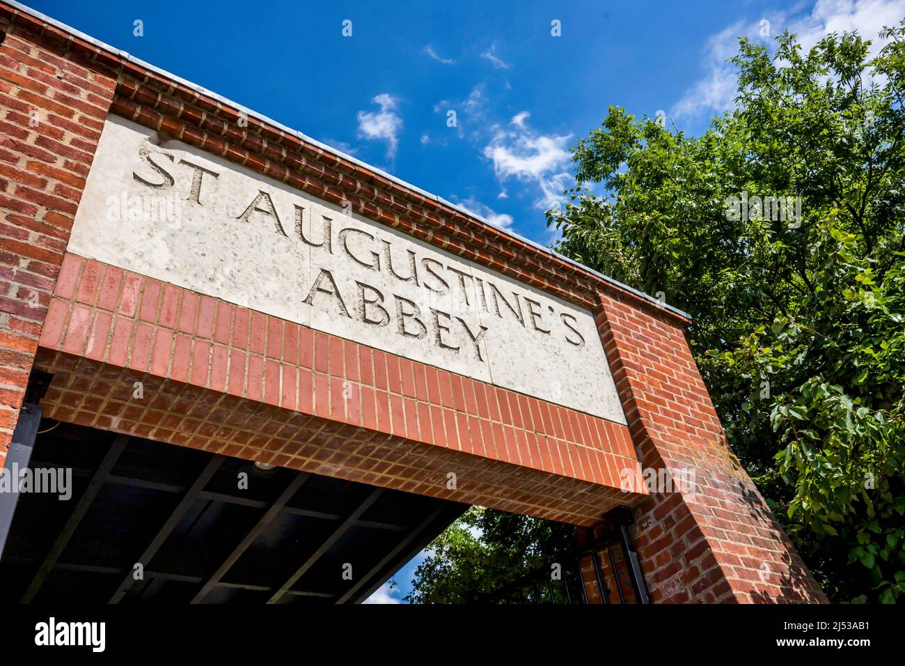 The engraved name of St. Augustine’s Abbey above its Visitor Center ...