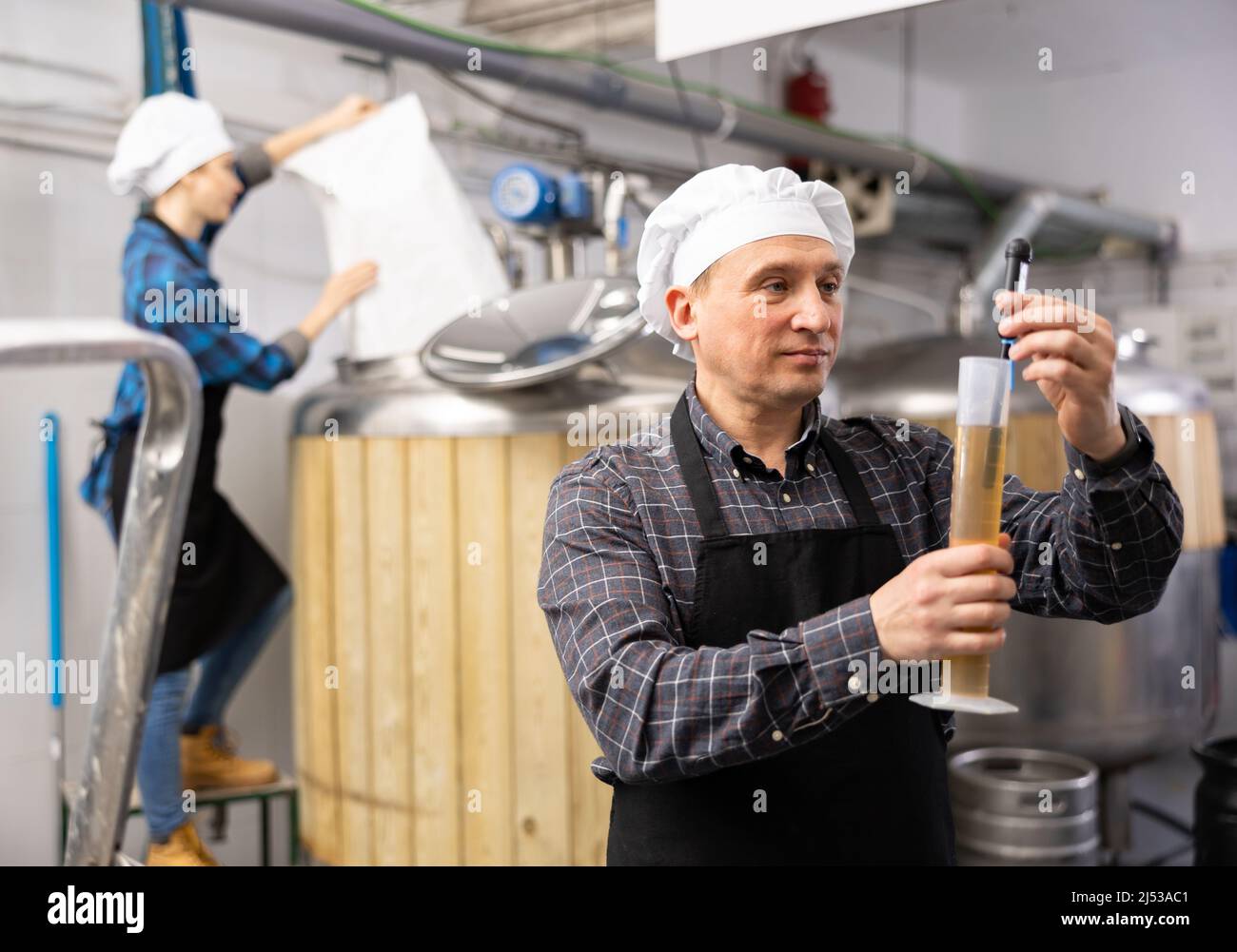 Brewmaster measuring beer density with digital hydrometer in brewery ...