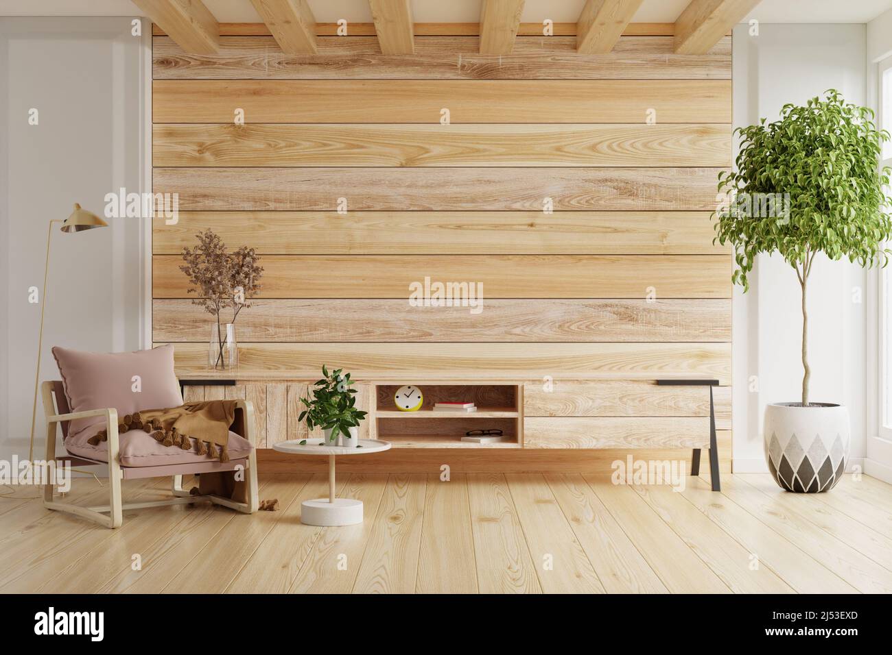 Cabinet for tv in modern empty room with armchair and behind the wooden ...