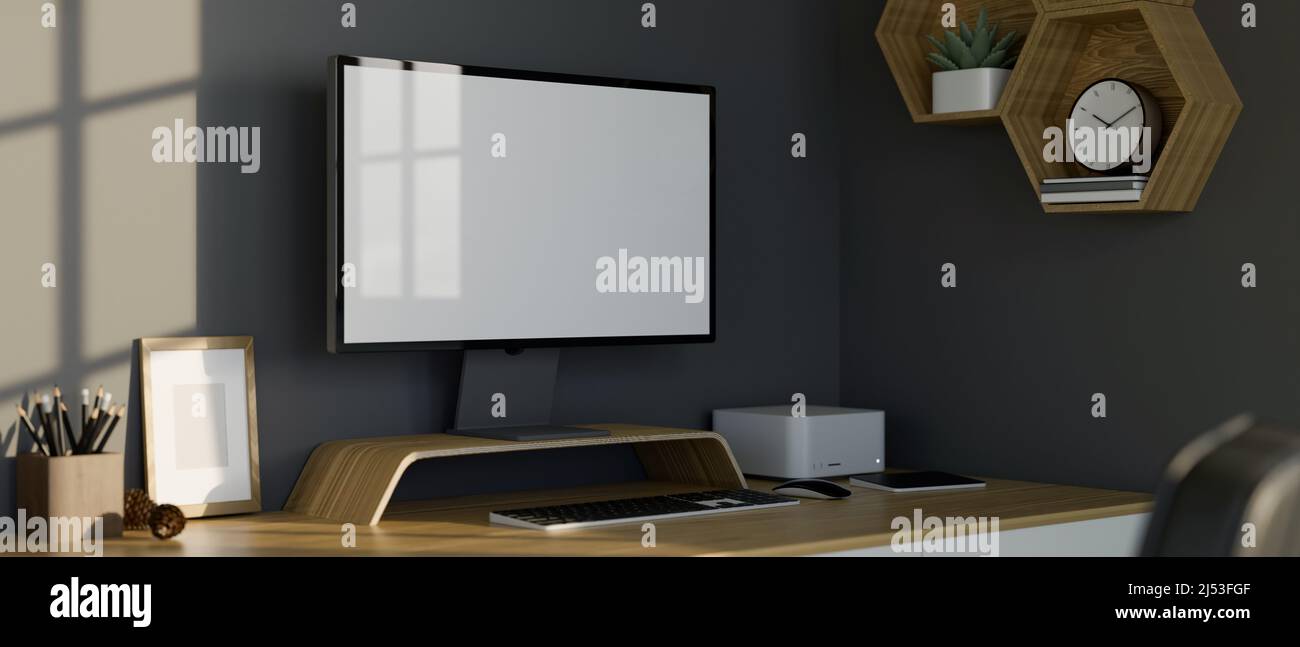 Modern workspace interior design with pc desktop computer mockup and office supplies on wood ...