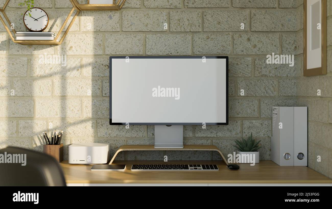 Modern office studio workspace with computer white screen mockup and ...