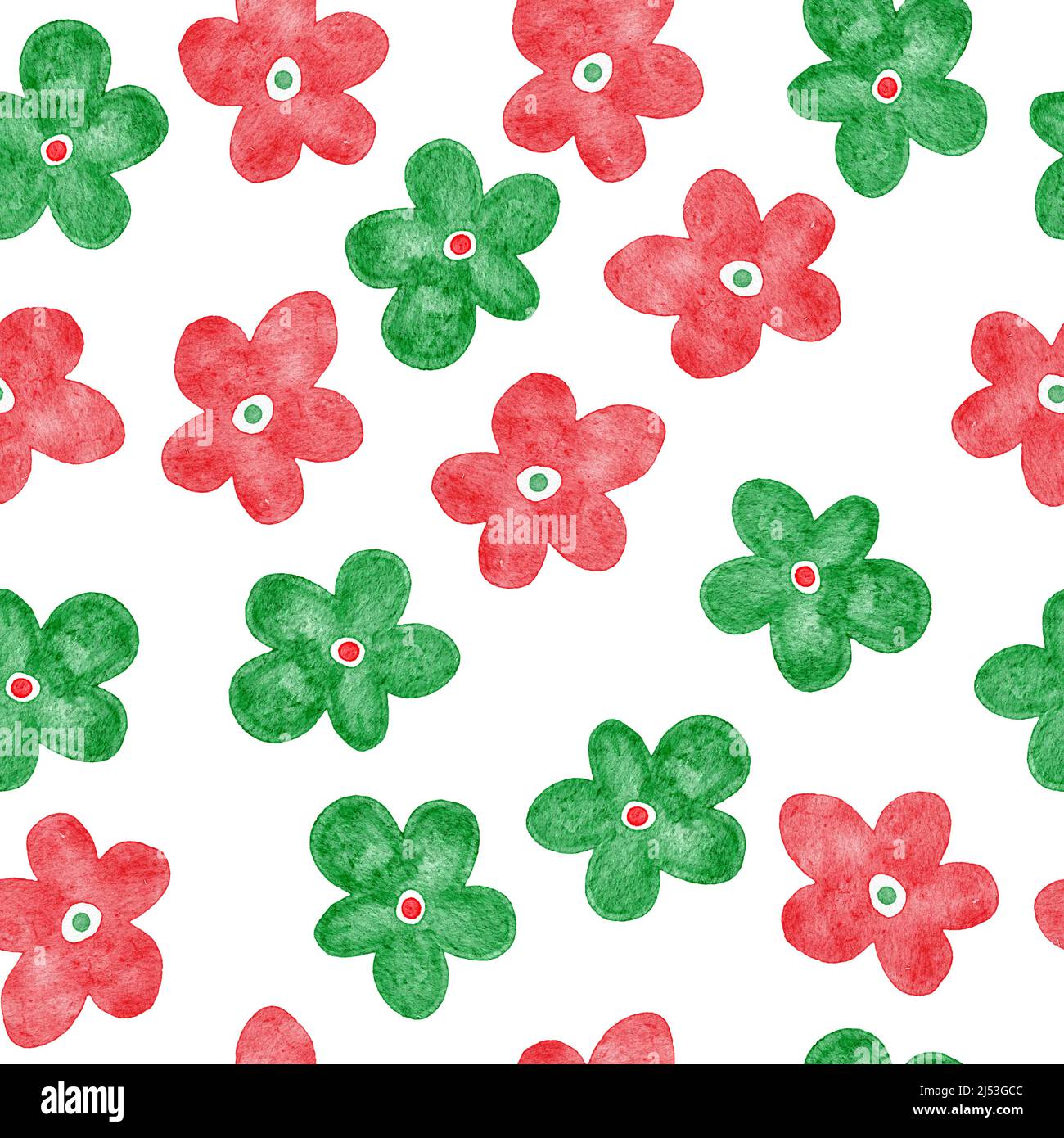 Watercolor seamless hand drawn pattern with red green abstract shapes ...