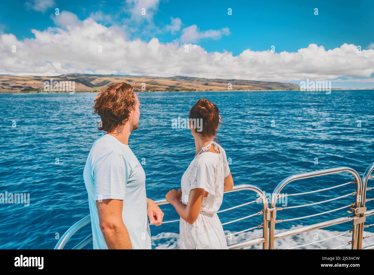 Cruise ship couple on summer Caribbean travel vacation relaxing on boat ...