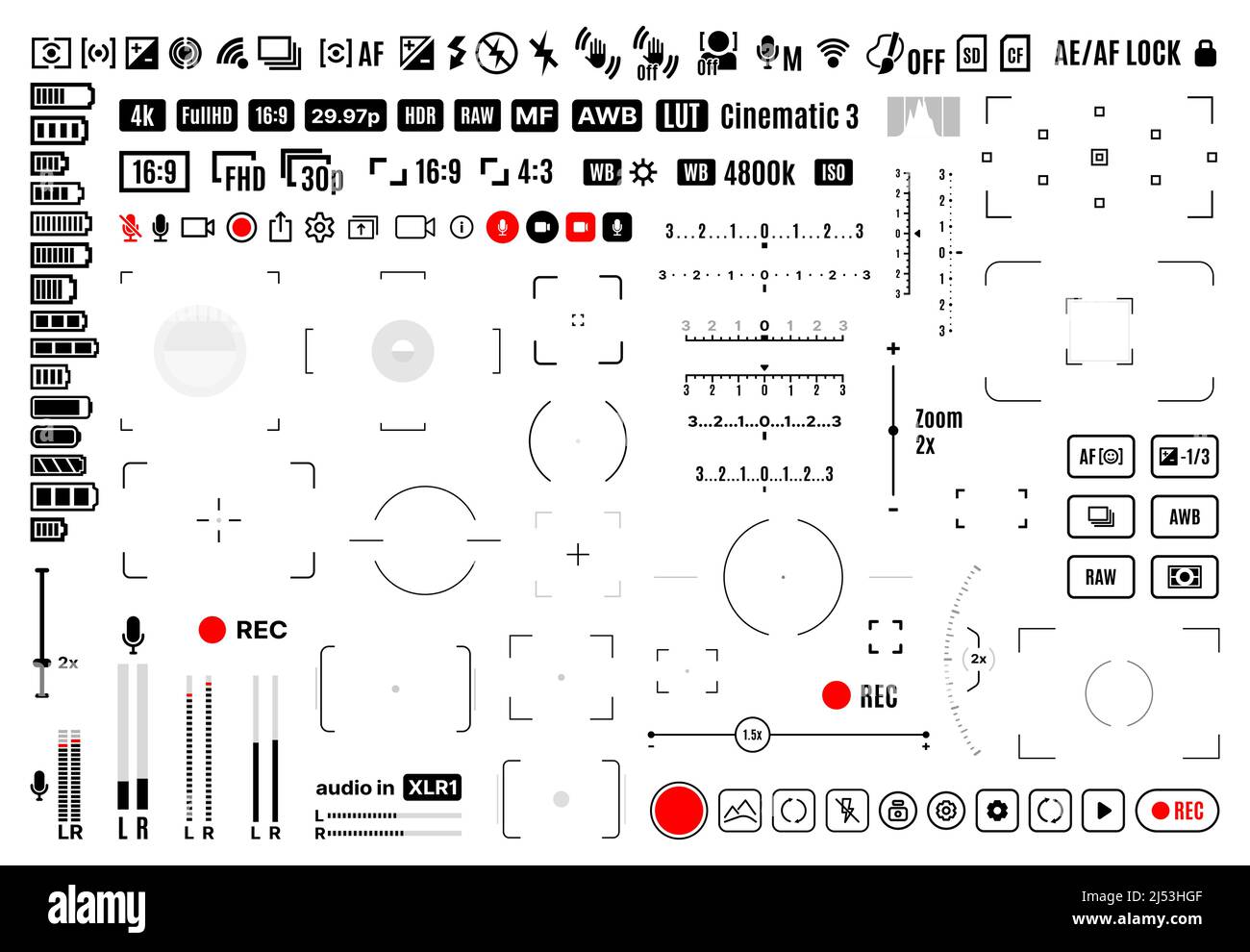 Video and photo camera viewfinder display signs. Focus, grid, zoom ...