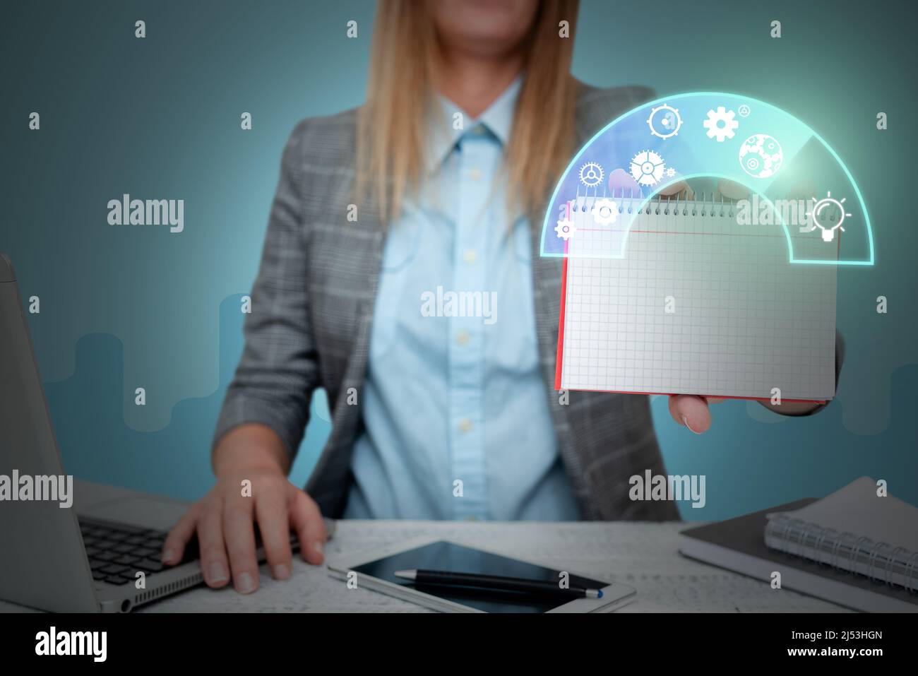 Lady in suit holding notepad representing innovative thinking ...