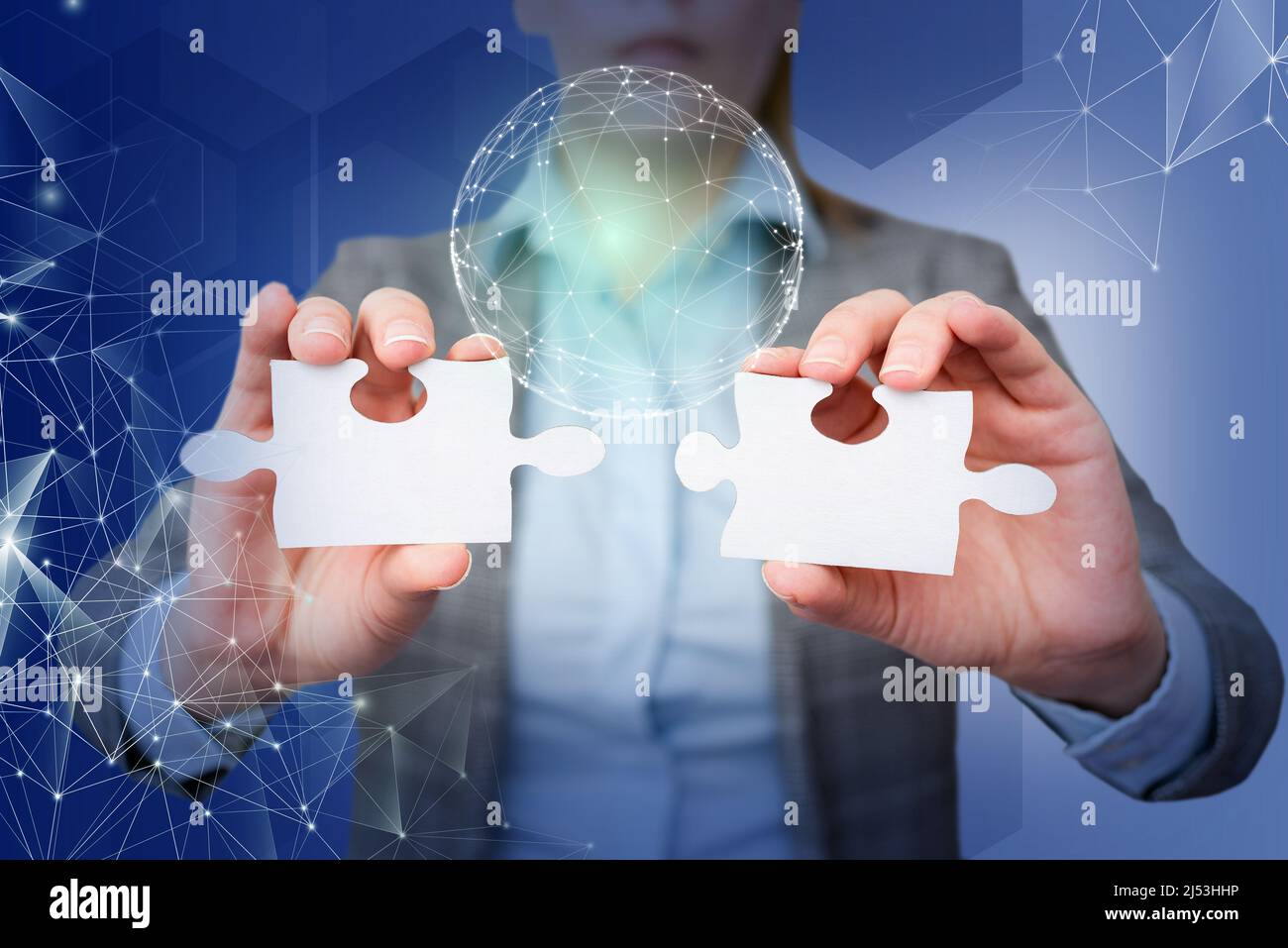 Lady in suit holding puzzle piece symbolizing global innovative ...