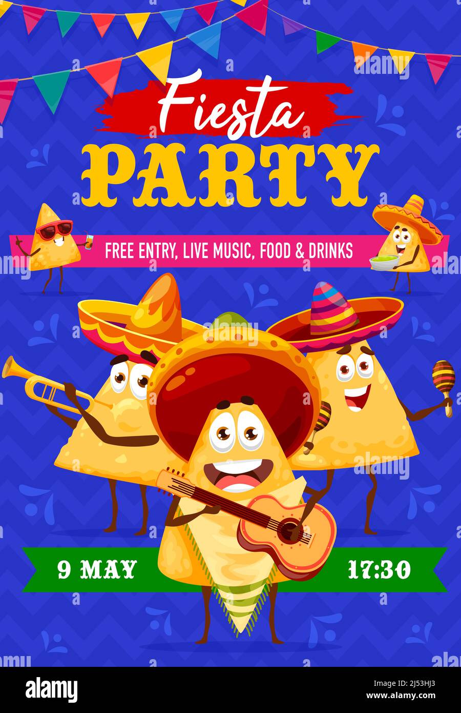 Funny mexican nachos chips characters of mexican fiesta party flyer ...