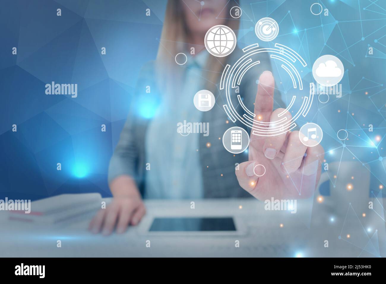 Lady in suit pointing finger upwards symbolizing successful teamwork ...