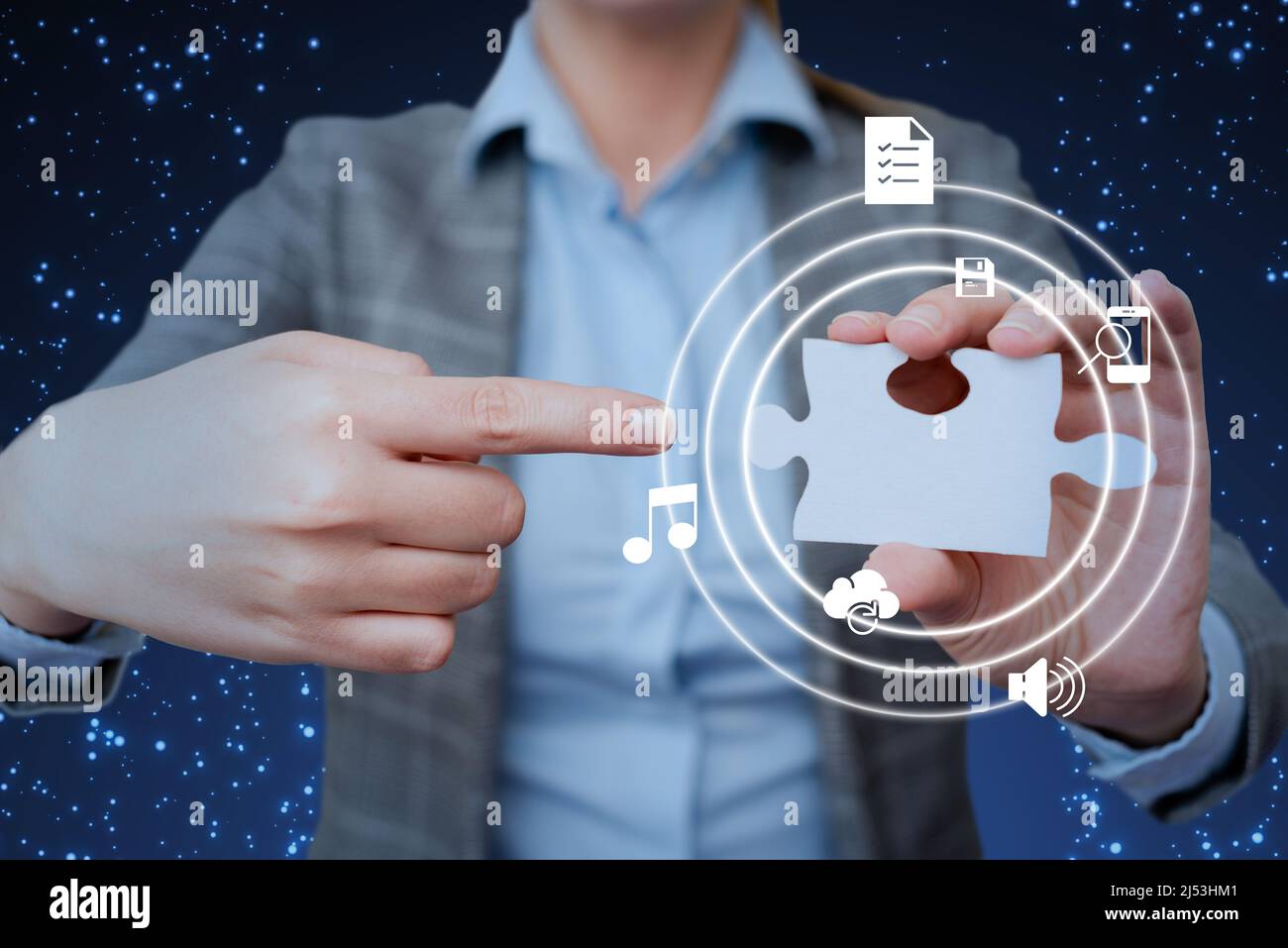 Lady in suit pointing puzzle piece representing innovative thinking ...