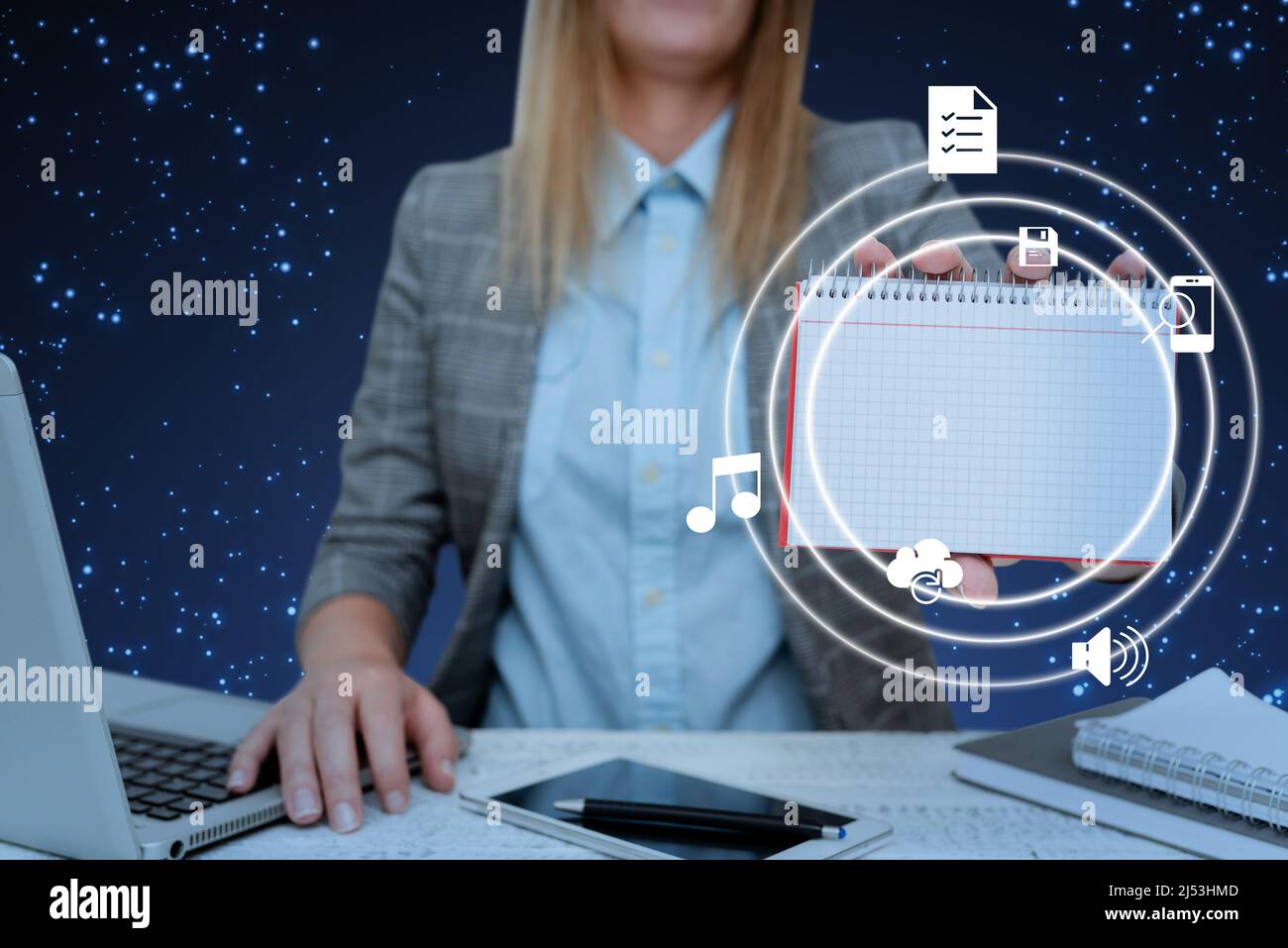 Lady in suit holding notepad representing innovative thinking ...