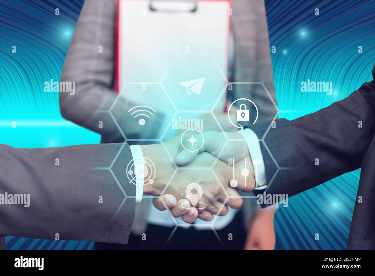 Handshake presenting innovative plan ideas symbolizing successful ...