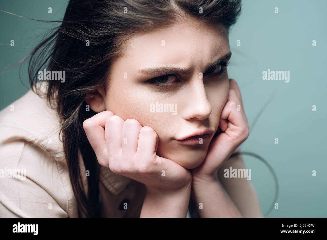 Sad angry beautiful woman, close up female face beauty portrait Stock ...