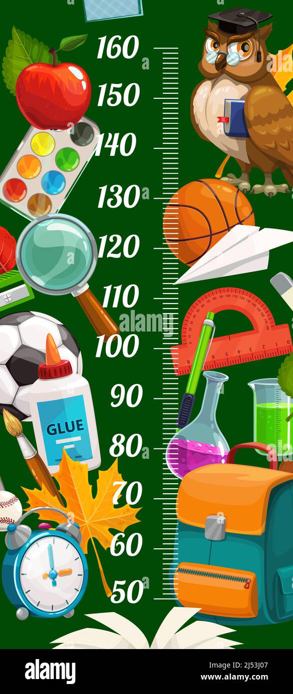 Cartoon kids height chart ruler with school stationery. Vector growth ...