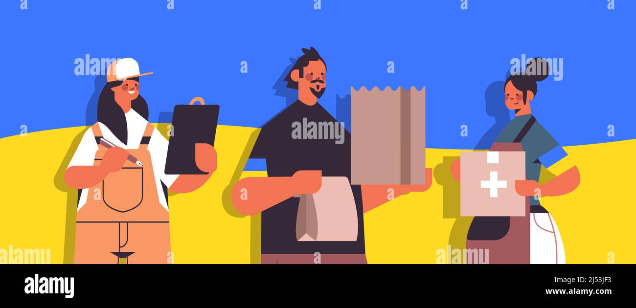 volunteers giving help boxes with Ukraininan flag to refugee ...