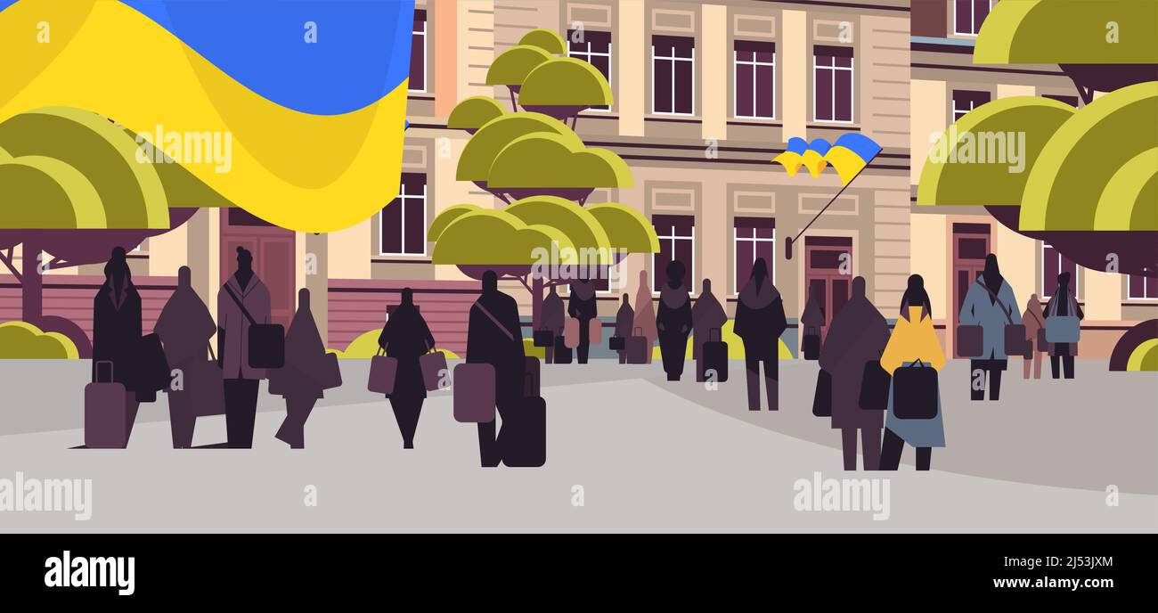 Ukrainian refugees with things fleeing russian aggression against ...