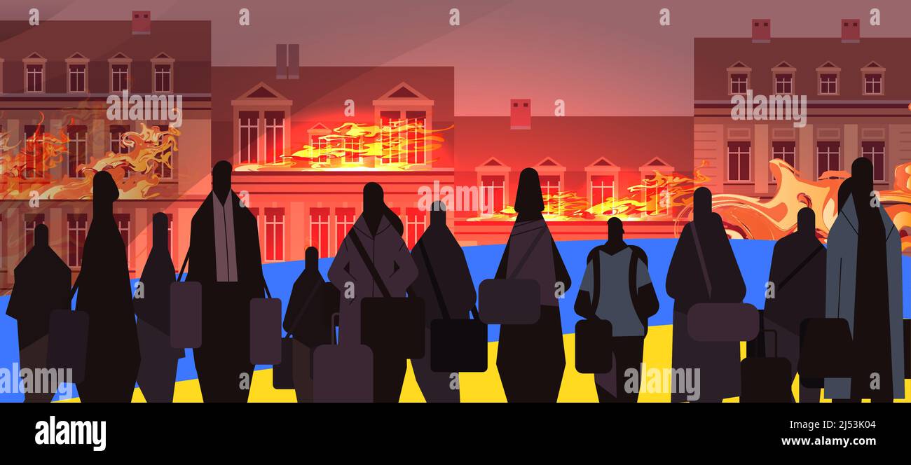 Ukrainian refugees with things fleeing russian aggression against ...