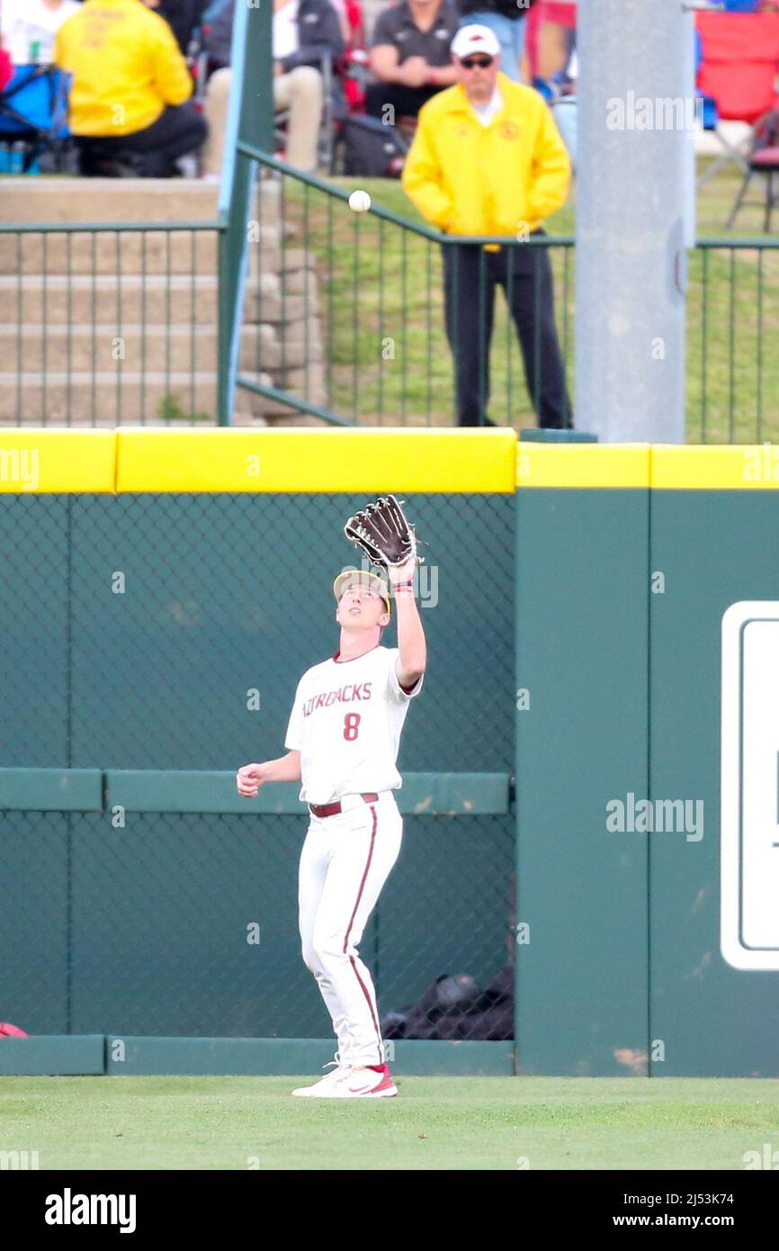 April 19, 2022: Jace Bohrofen #8 Arkansas outfielder settles under a ...