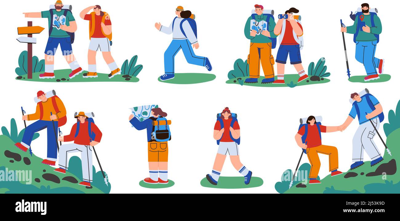 People hiking set. Active vacation and tourism scenes, tourist ...