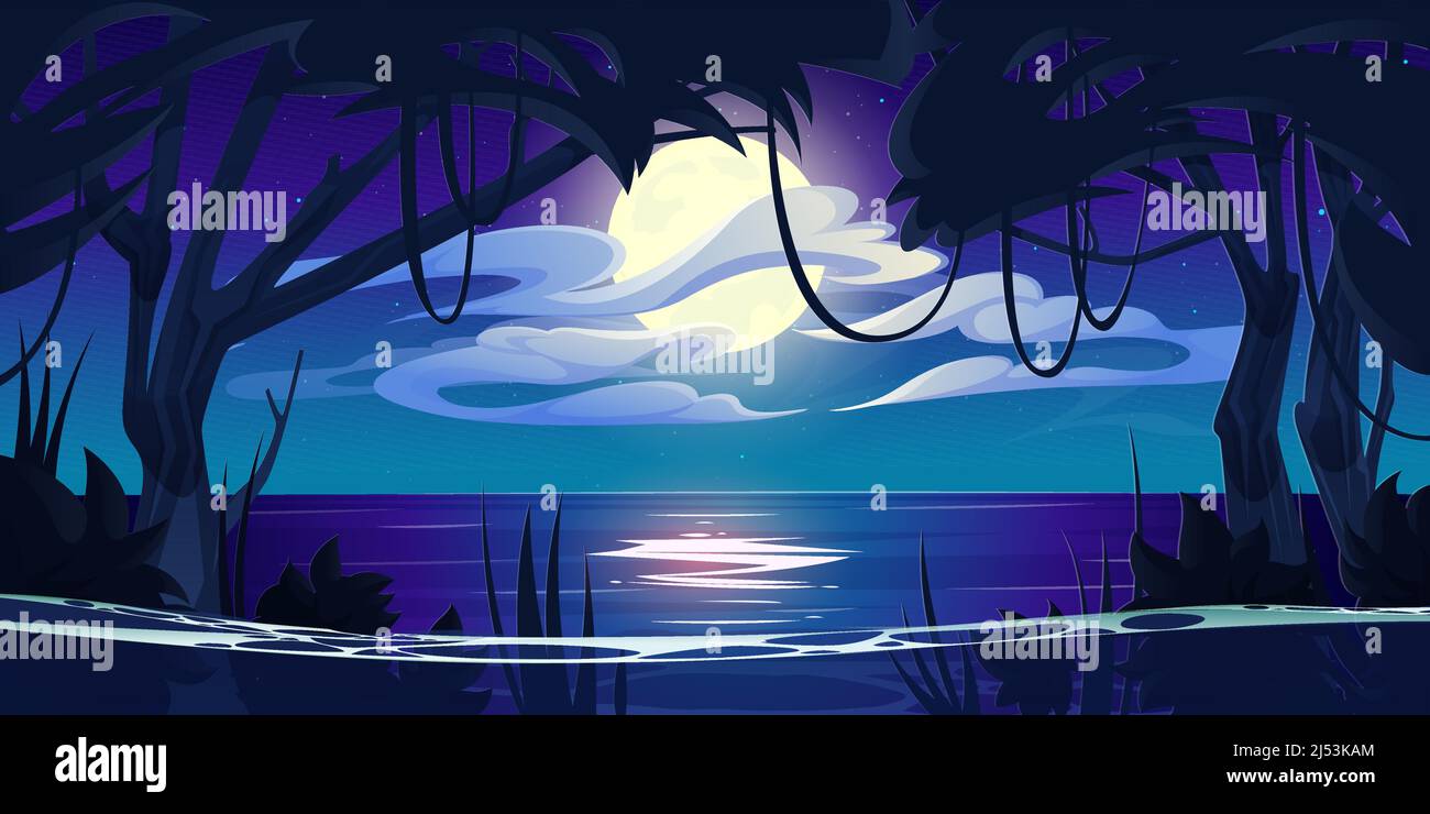 Night ocean landscape, full moon and stars shine in sky above water ...