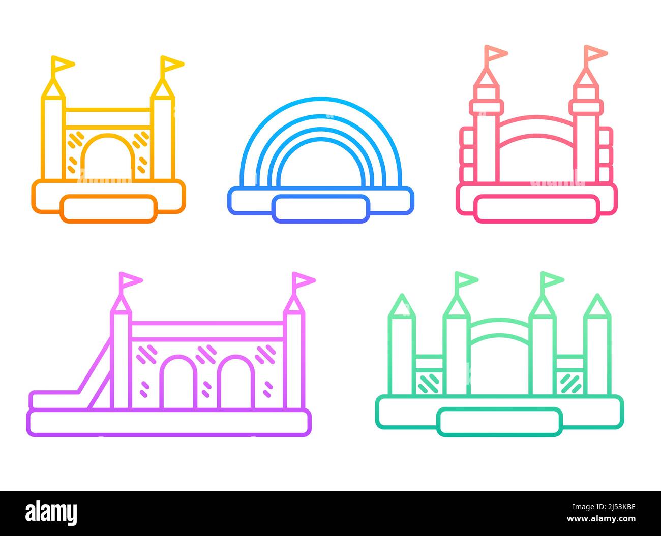 Bouncy castle gradient outline icons. Jumping inflatable houses on kids playground. Set of ...