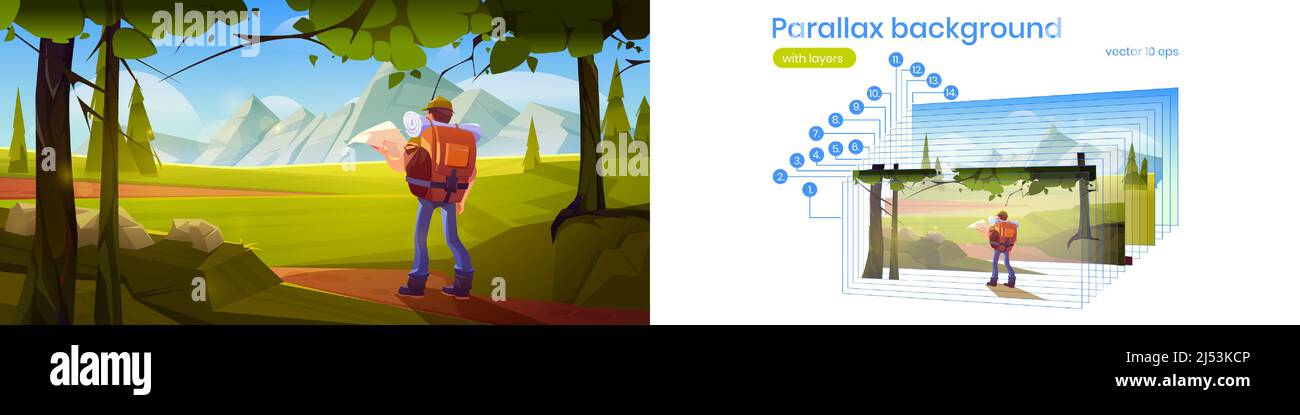 Parallax background traveler with map stand at beautiful landscape with ...