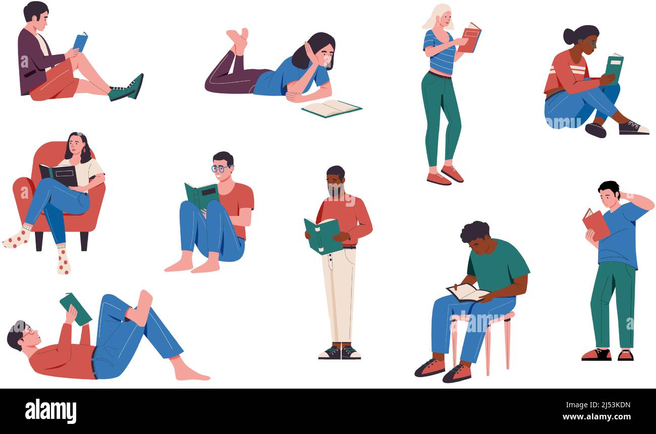 Book lovers. People holding books, cartoon characters reading brochures ...