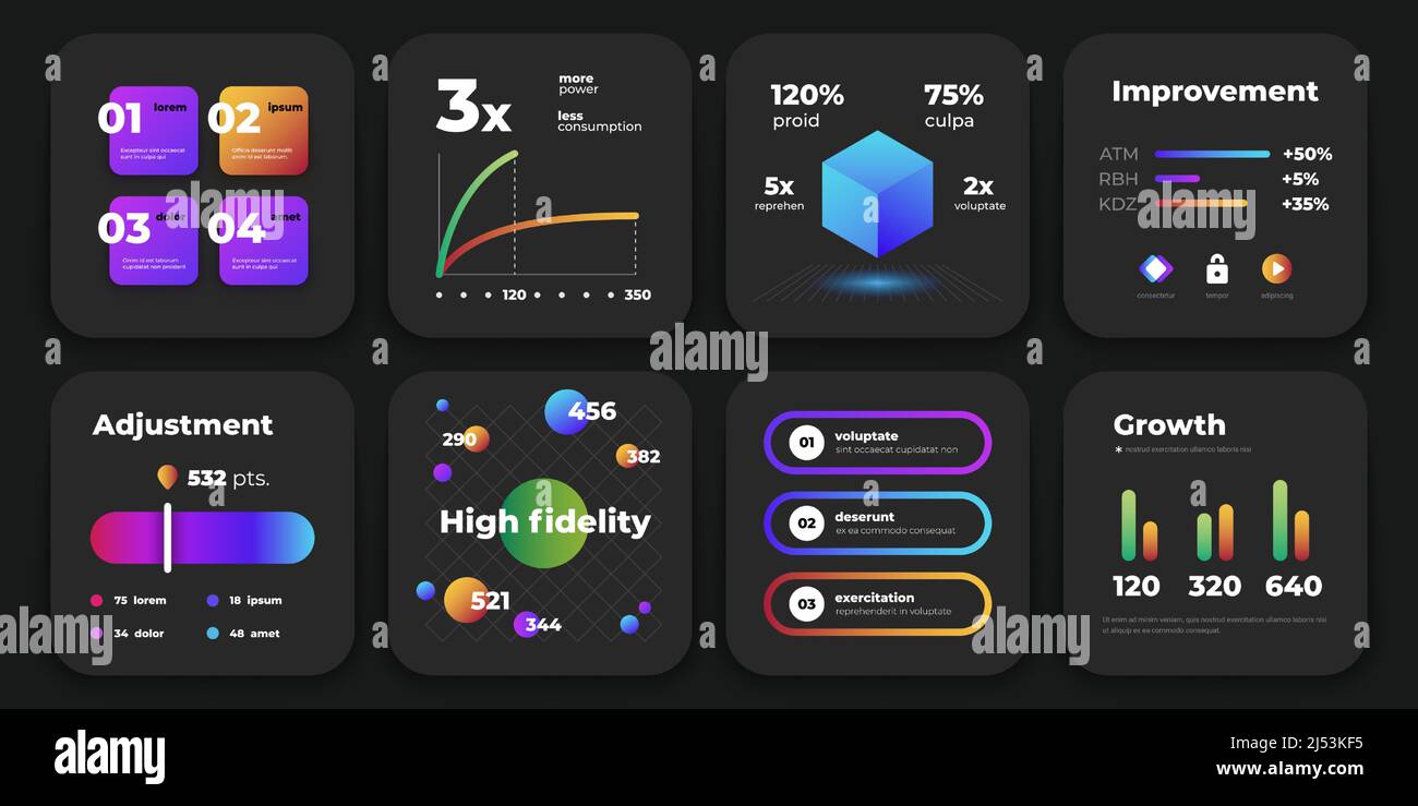 Infographic cards. Business presentation mockup with charts graphics ...