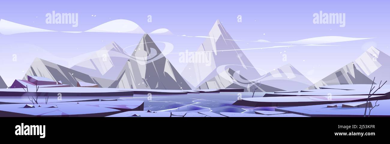 Nordic landscape with frozen lake and mountains in winter. Northern ...