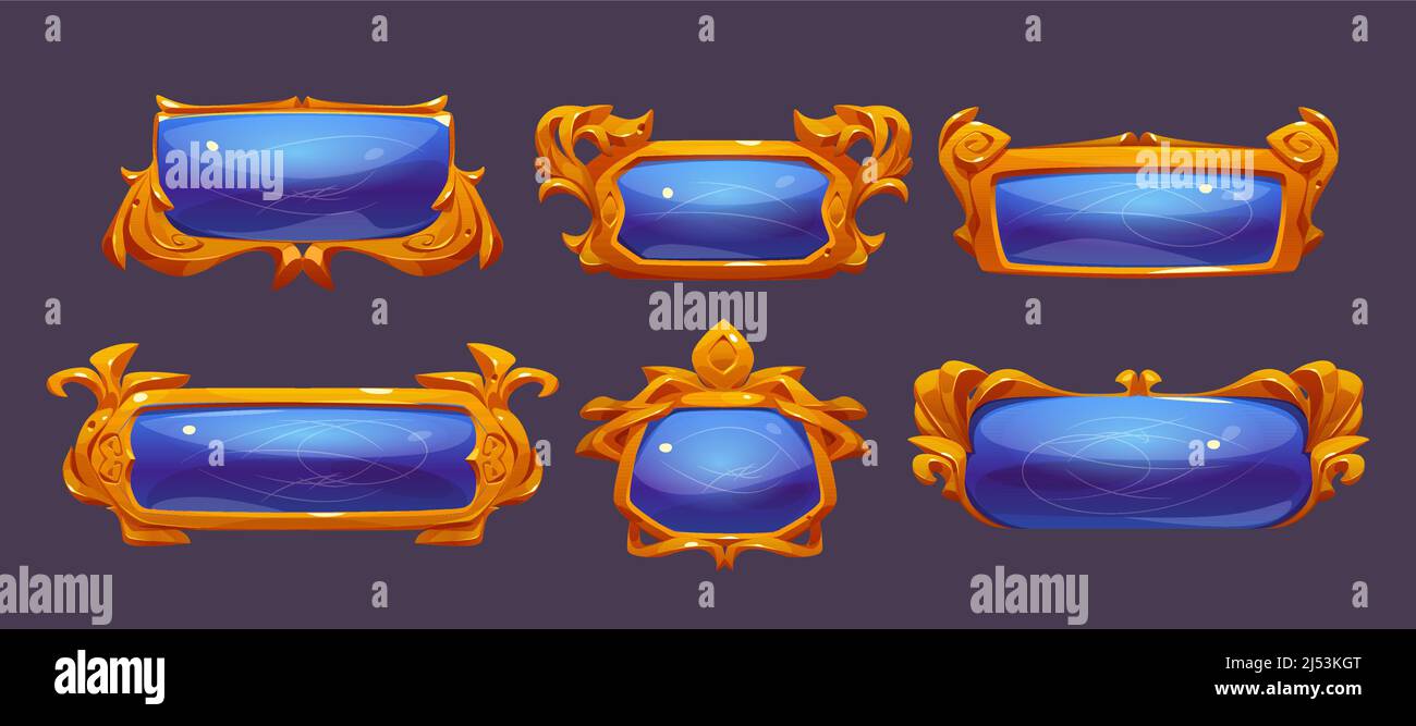 Game ui frames, gold medieval menu elements, buttons or banners with golden ornate rims and blue ...