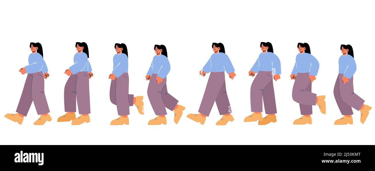 Woman character walk cycle sequence in side view. Vector flat ...