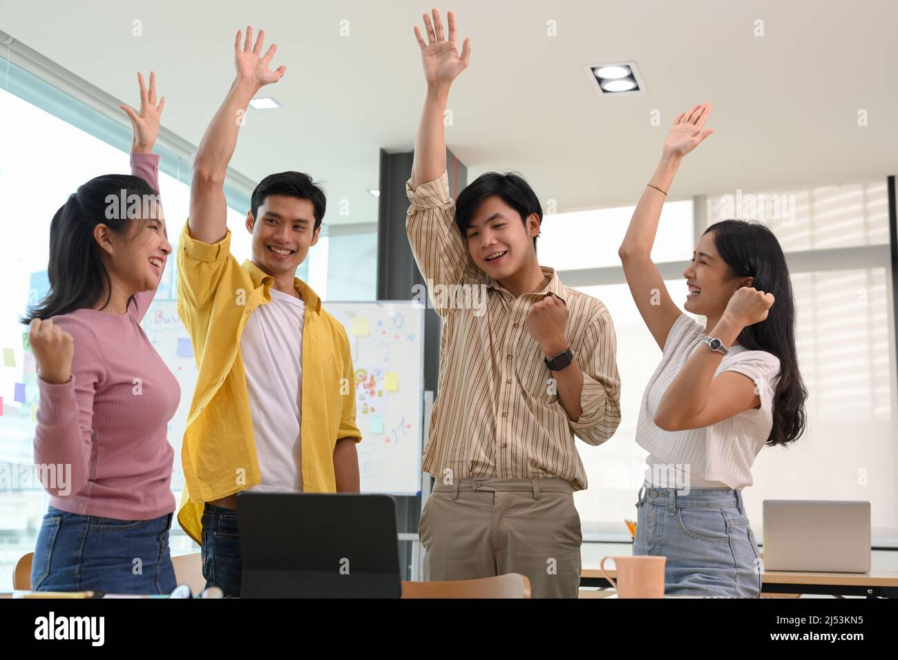 Happy office workers, Successful business startup team achieve goal ...