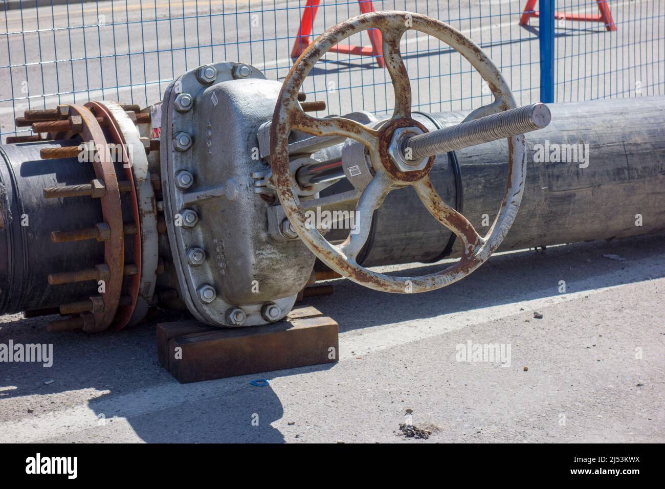 Water main bypass pipe and valve on 17th Avenue, Calgary, Alberta. This ...