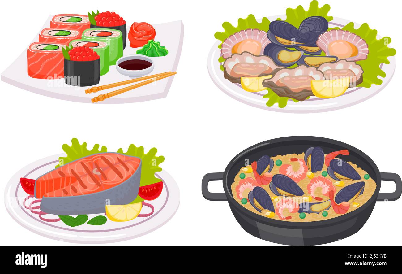 Cartoon seafood dishes collection, salmon and mollusk Stock Vector ...