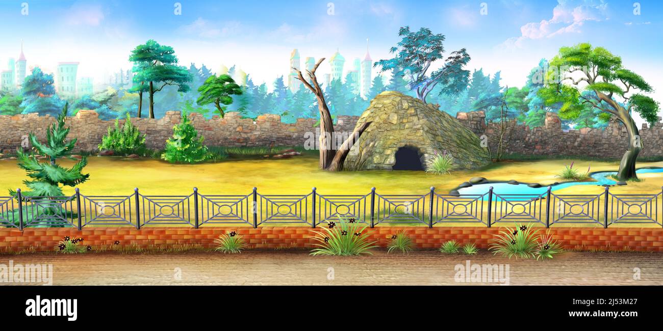 Animal enclosure in zoo and wildlife park. Digital Painting Background ...