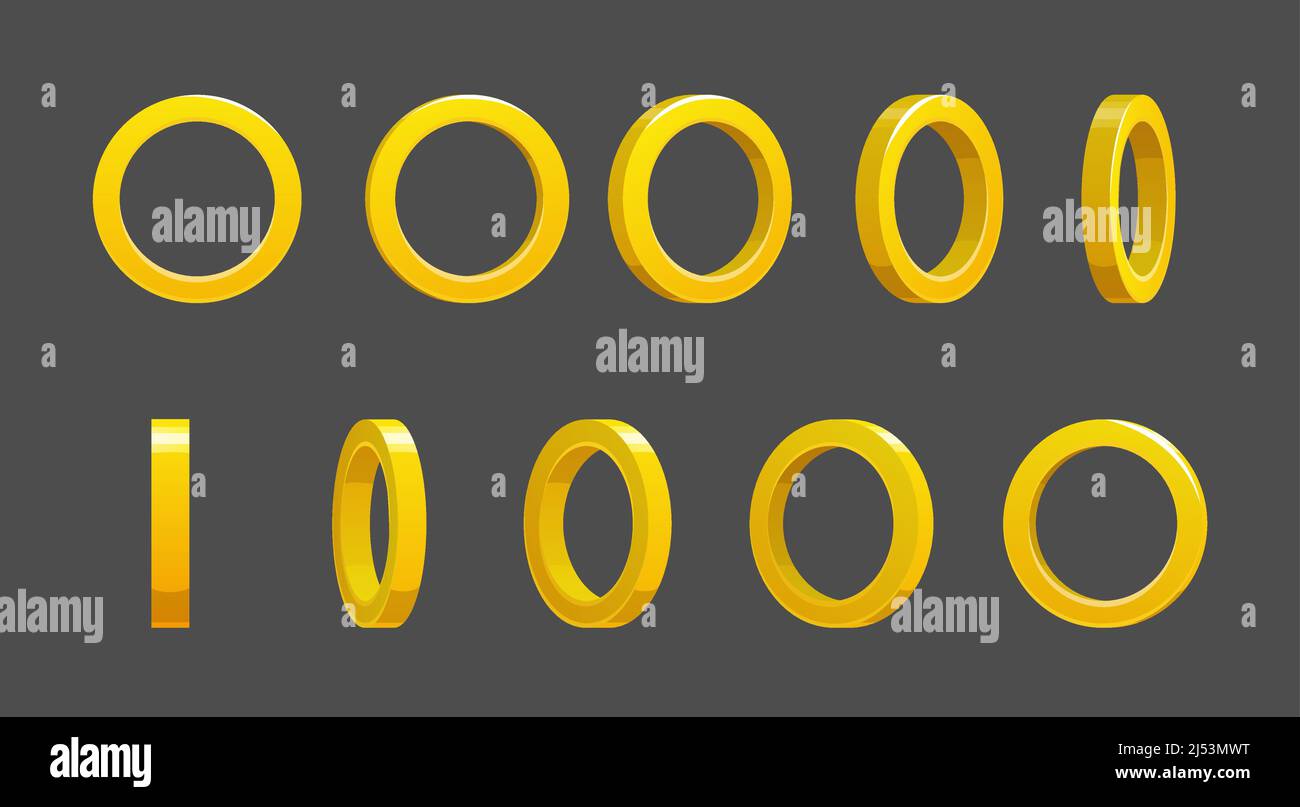 Golden ring rotate animated game sprite. Cartoon vector turning circles ...