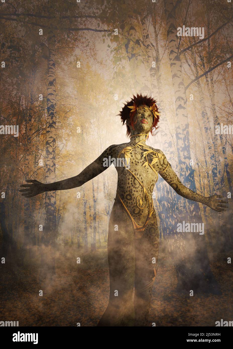 Fantasy dryad woman with tree trunk leg in autumn forest, 3d ...