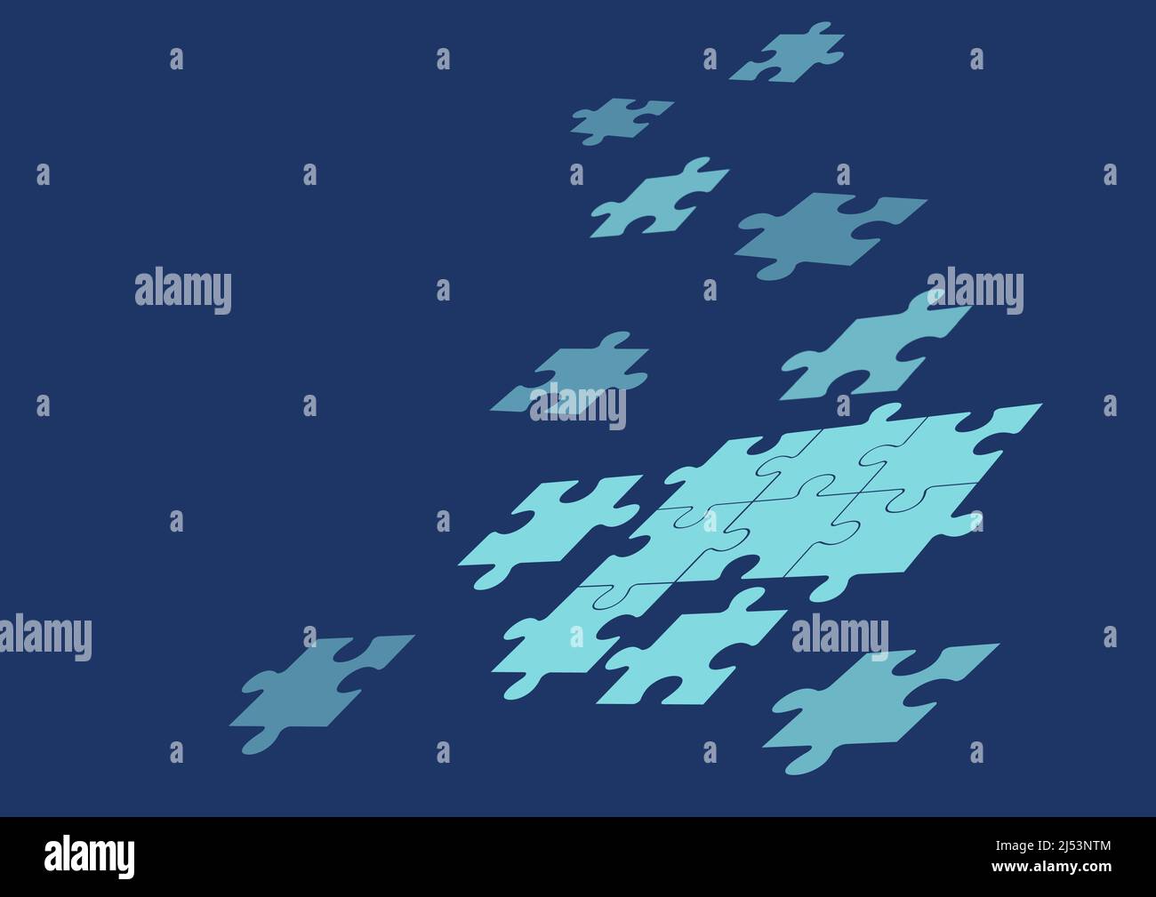 Jigsaw puzzle pieces hovering above blank space merging together ...