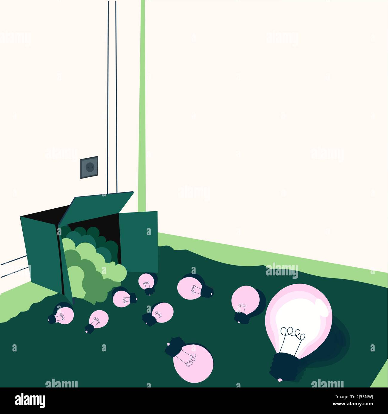 Glowing light bulbs scattered floor represent out of box ideas. Many ...