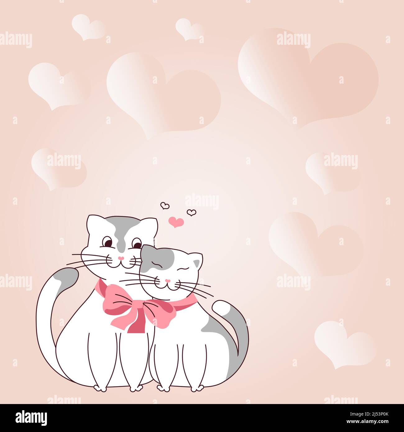 Two cats cuddling tied together with bow and hearts in the background ...