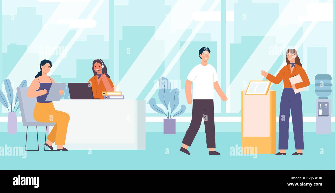 Bank service employees and clients, getting credit. Vector bank client ...