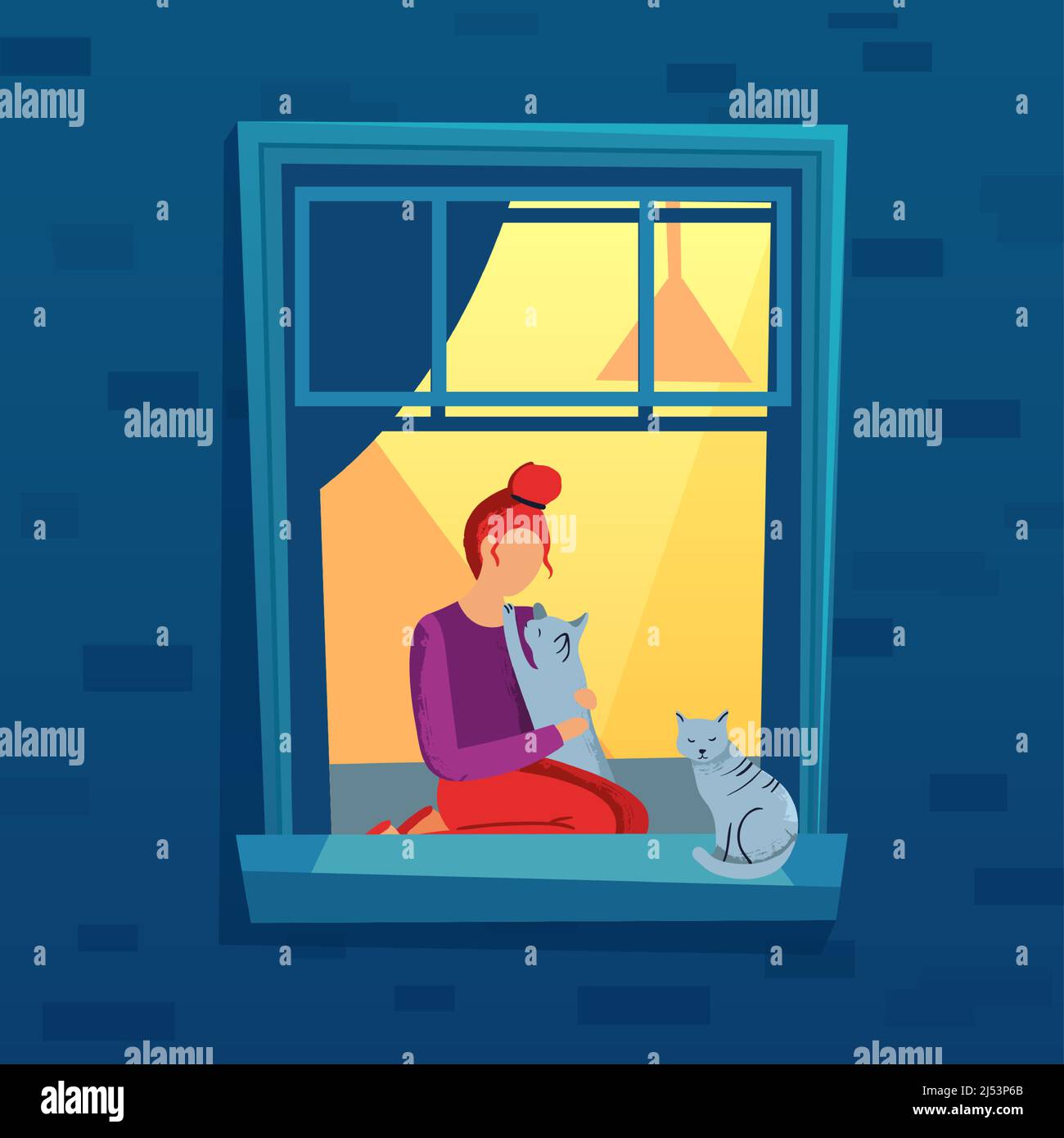 Woman sitting on windowsill at home with cat. Woman in depression, girl ...