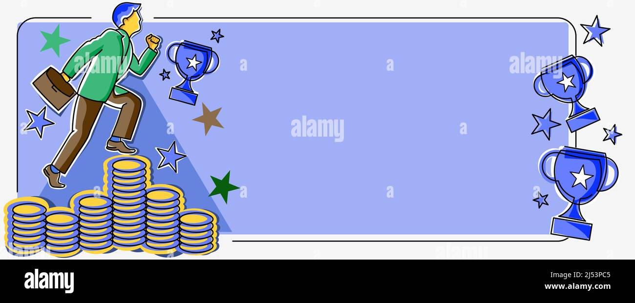 Businessman in suit climbing upwards money pile representing project ...