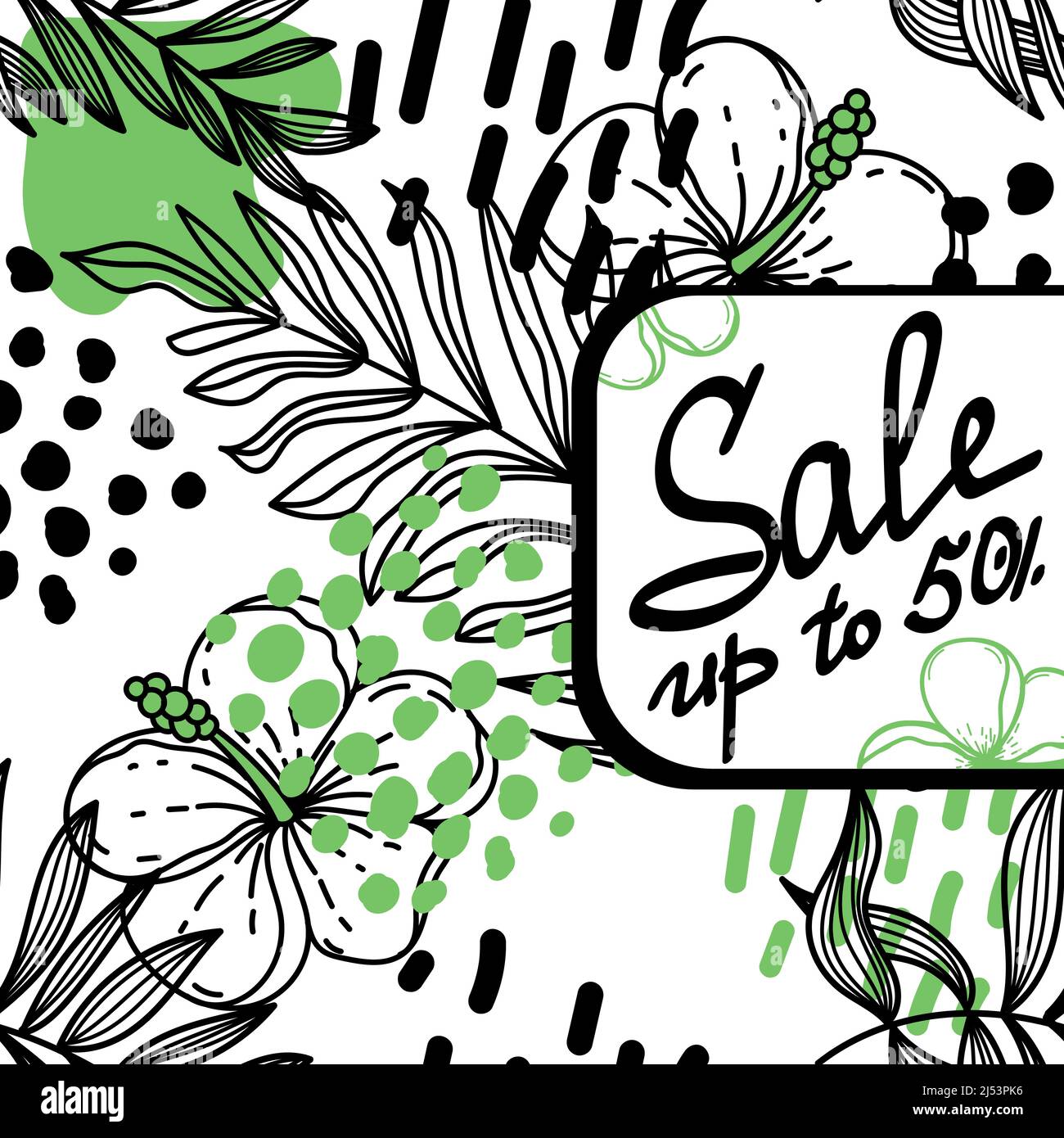 Summer banner with discounts. Tropical leaves and flowers drawn in ...