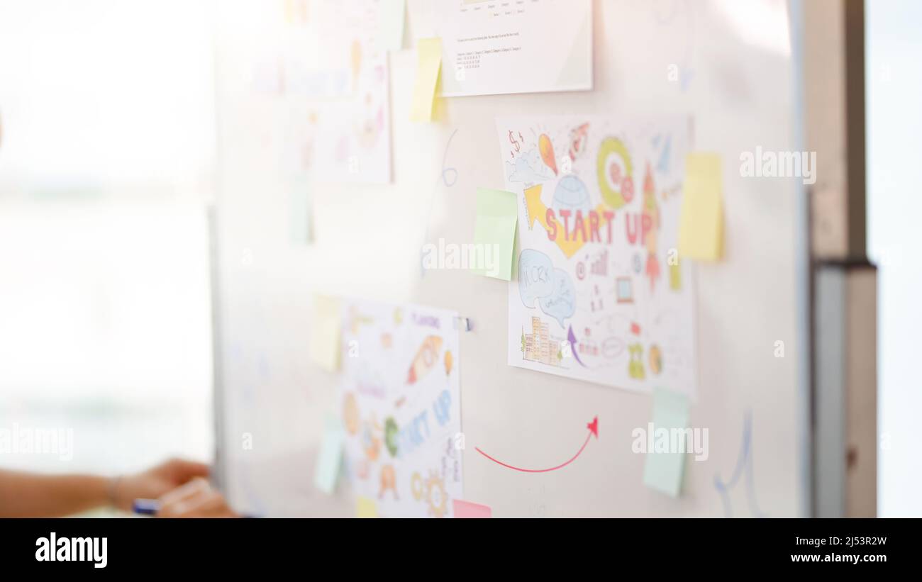 Close-up, Whiteboard or flip chart with a documents. Business start-up ...