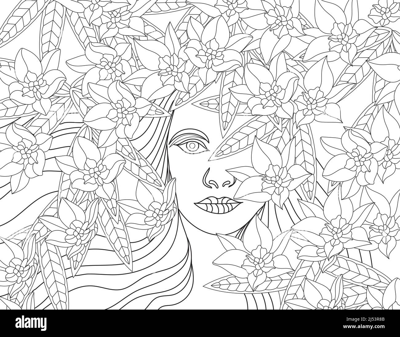 Vector line drawing girl flower crown flowy hair. Digital lineart image ...
