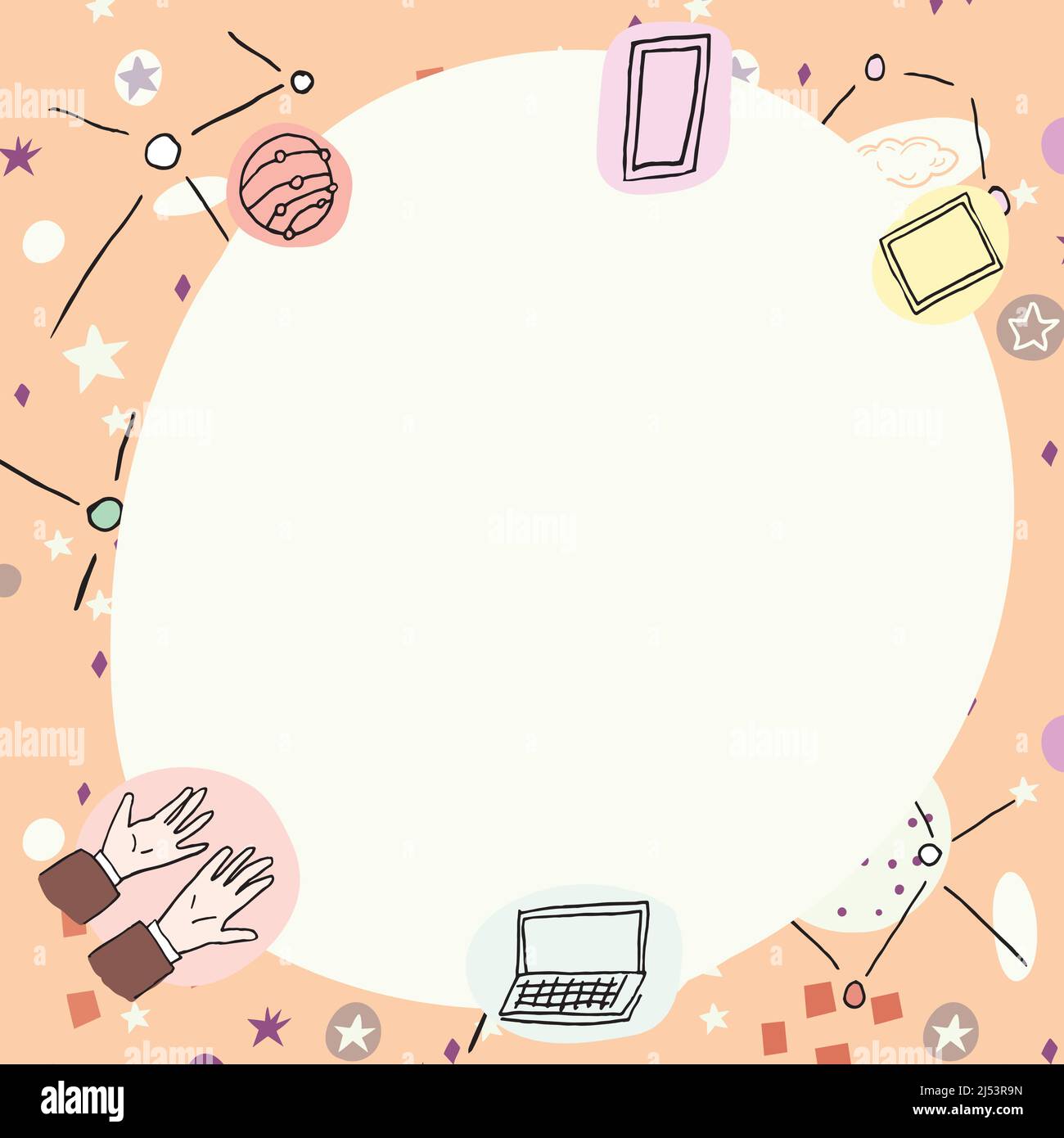 Blank poster decorated with modern technology symbols. Empty frame ...