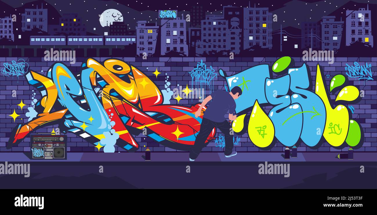 Dark Urban Graffiti Wall With Street Artist Painting Graffiti Drawings ...